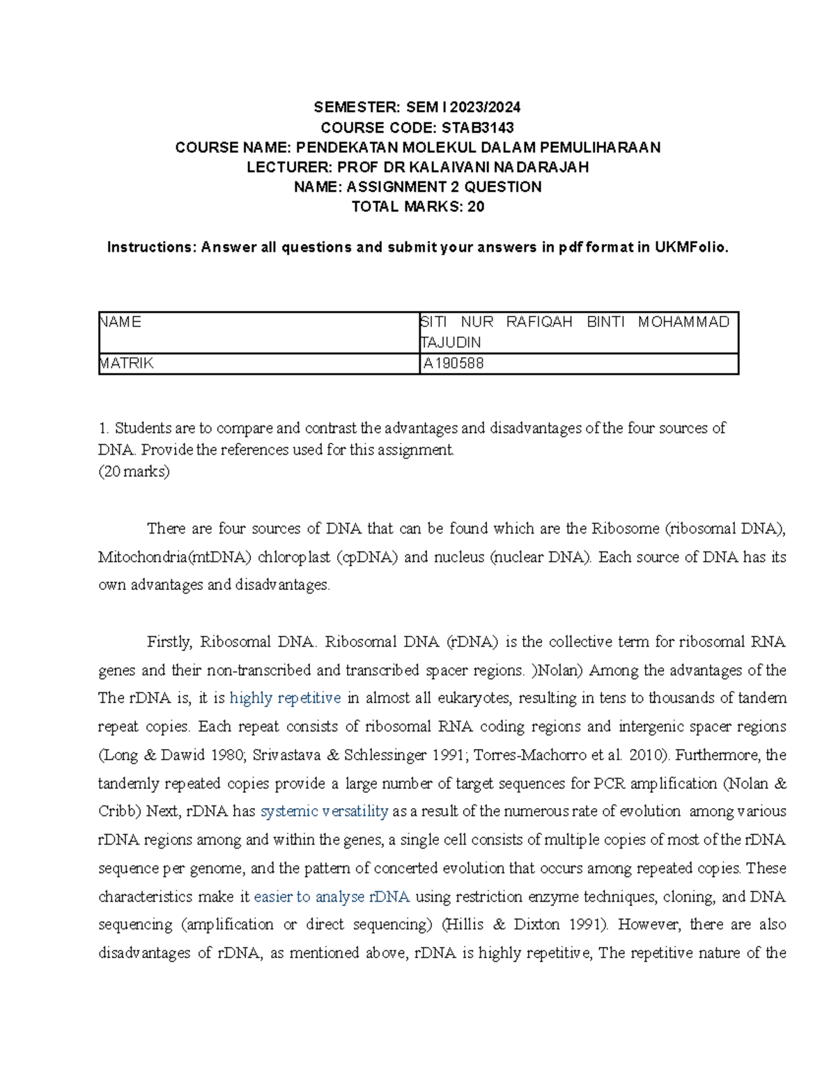 Assignment 2 STAB3143 - SEMESTER: SEM I 2023/ COURSE CODE: STAB COURSE ...
