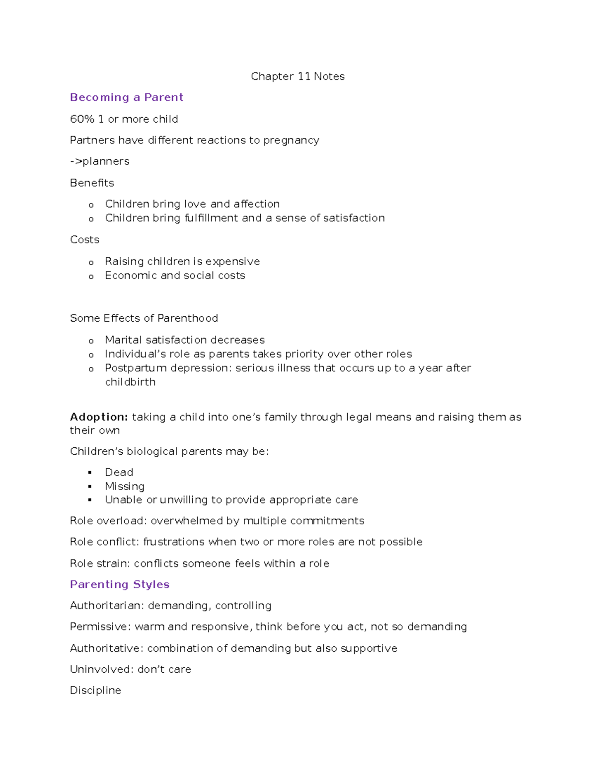 Chapter 11 Notes - Chapter 11 Notes Becoming a Parent 60% 1 or more ...