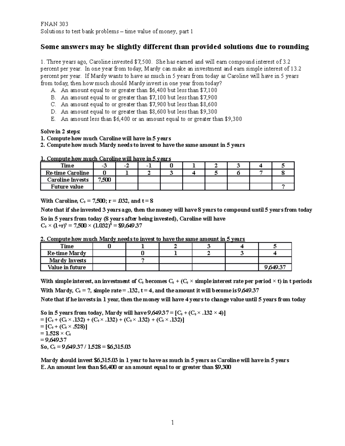 Time Value of Money part 1 test bank problems solutions - Solutions to ...