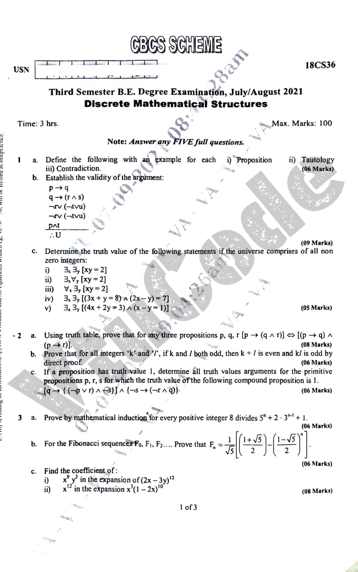 @vtucode - Mostly important for exams - CBCS SCHEME 28am 18CS36 USN Third Semester B. Degree ...