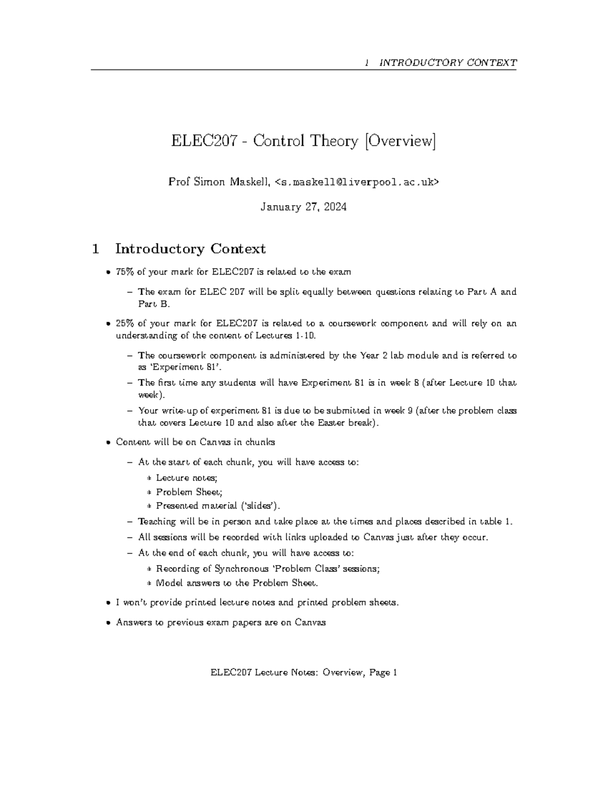 1 Overview Control Engineering Lecture Notes 1 Introductory Context Elec207 Control