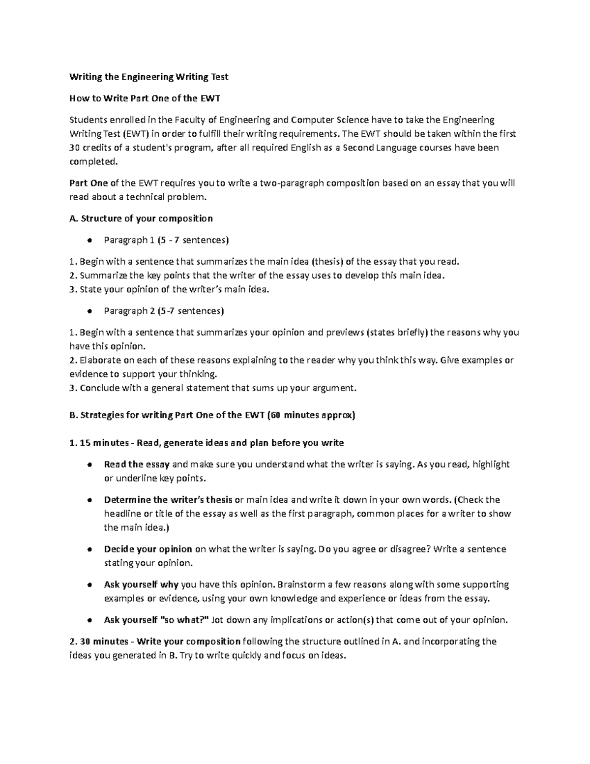 Engineering Writing Test - The EWT should be taken within the first 30 ...