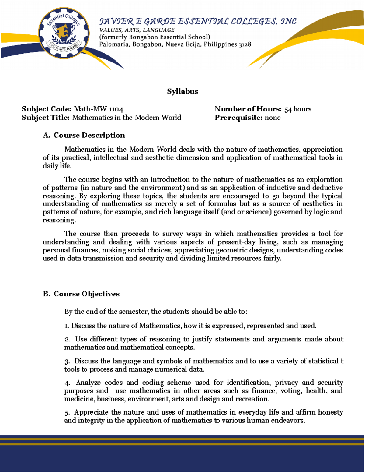 GEN Ed Syllabus -MMW (1st sem) - Syllabus Subject Code: Math-MW 1104 ...