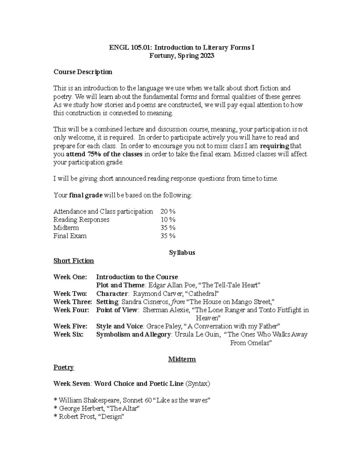 Engl 105 Syllabus Spring 2023 - ENGL 105: Introduction to Literary ...