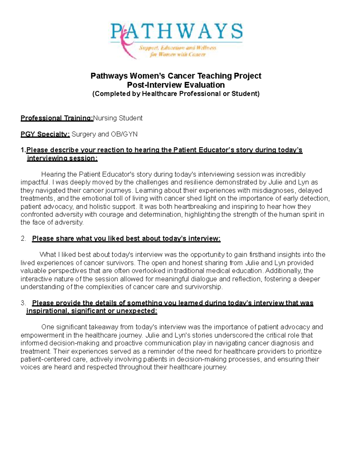 Post Interview Form - Pathways Women’s Cancer Teaching Project Post ...