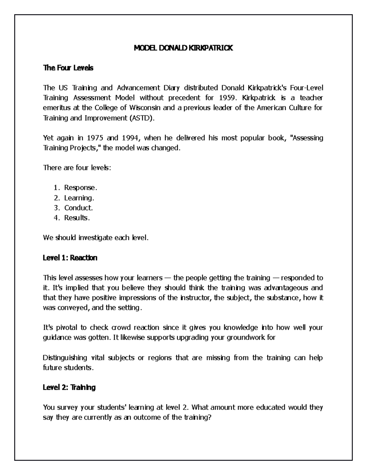 Model Donald Kirkpatrick - MODEL DONALD KIRKPATRICK The Four Levels The ...