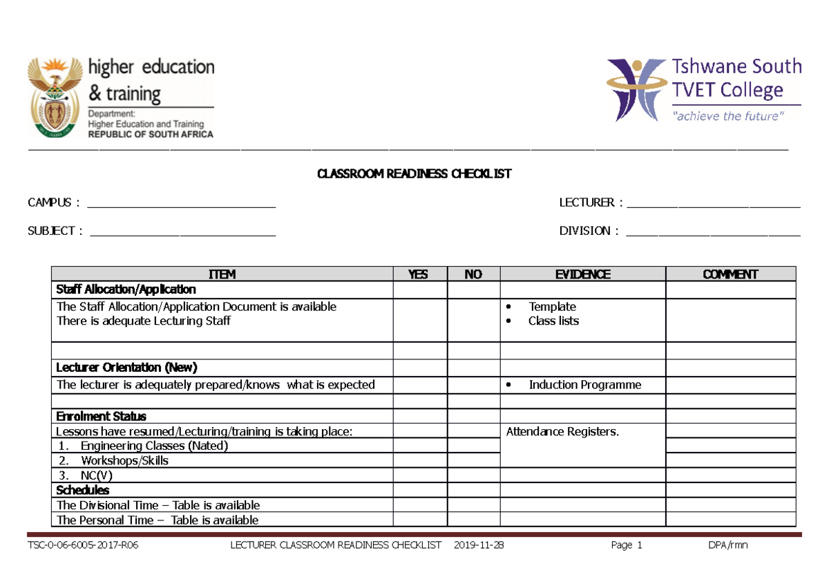 6005 Lecturer Classroom Readiness Checklist - - Studocu