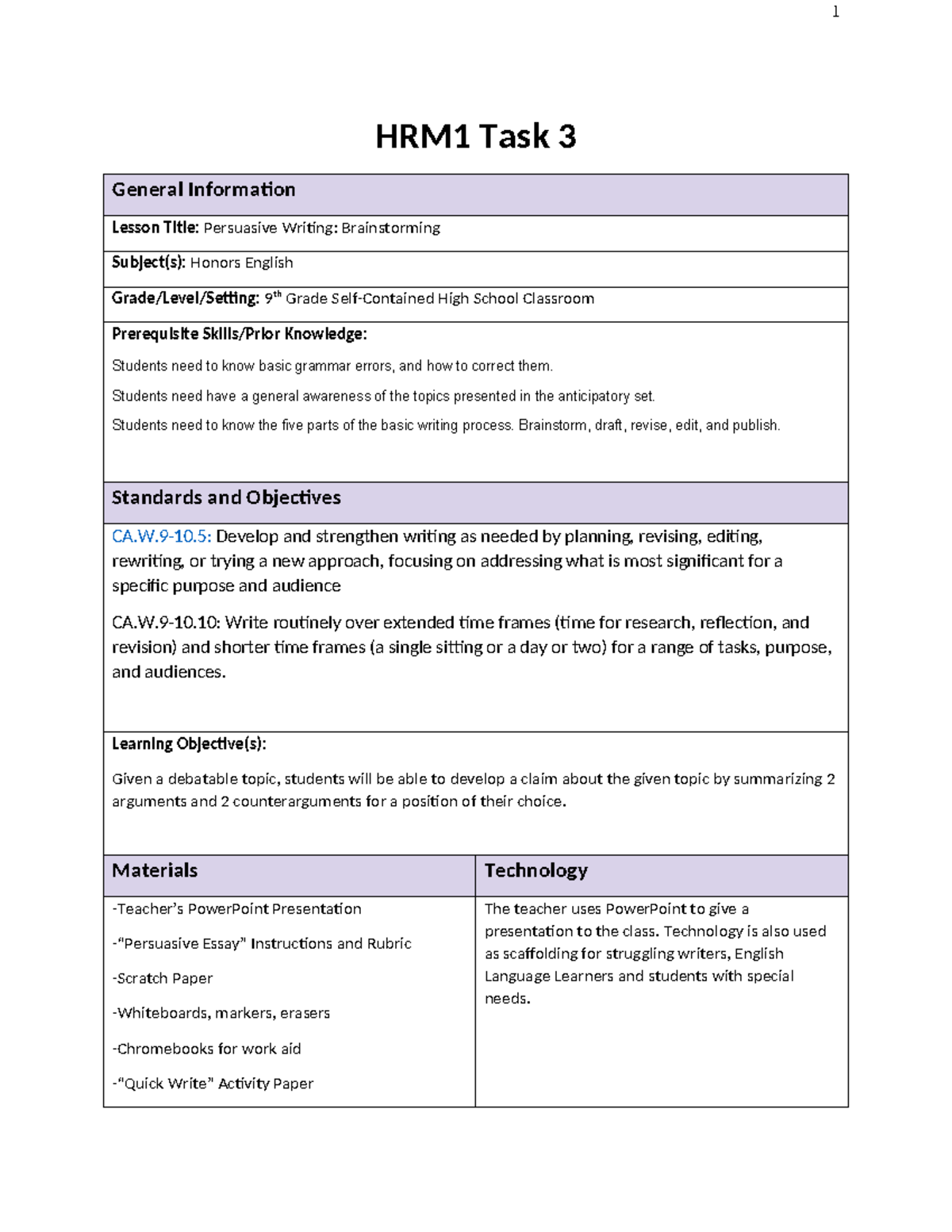 HRM1 Task 3 - Classroom assignment - HRM1 Task 3 General Information Lesson Title: Persuasive ...