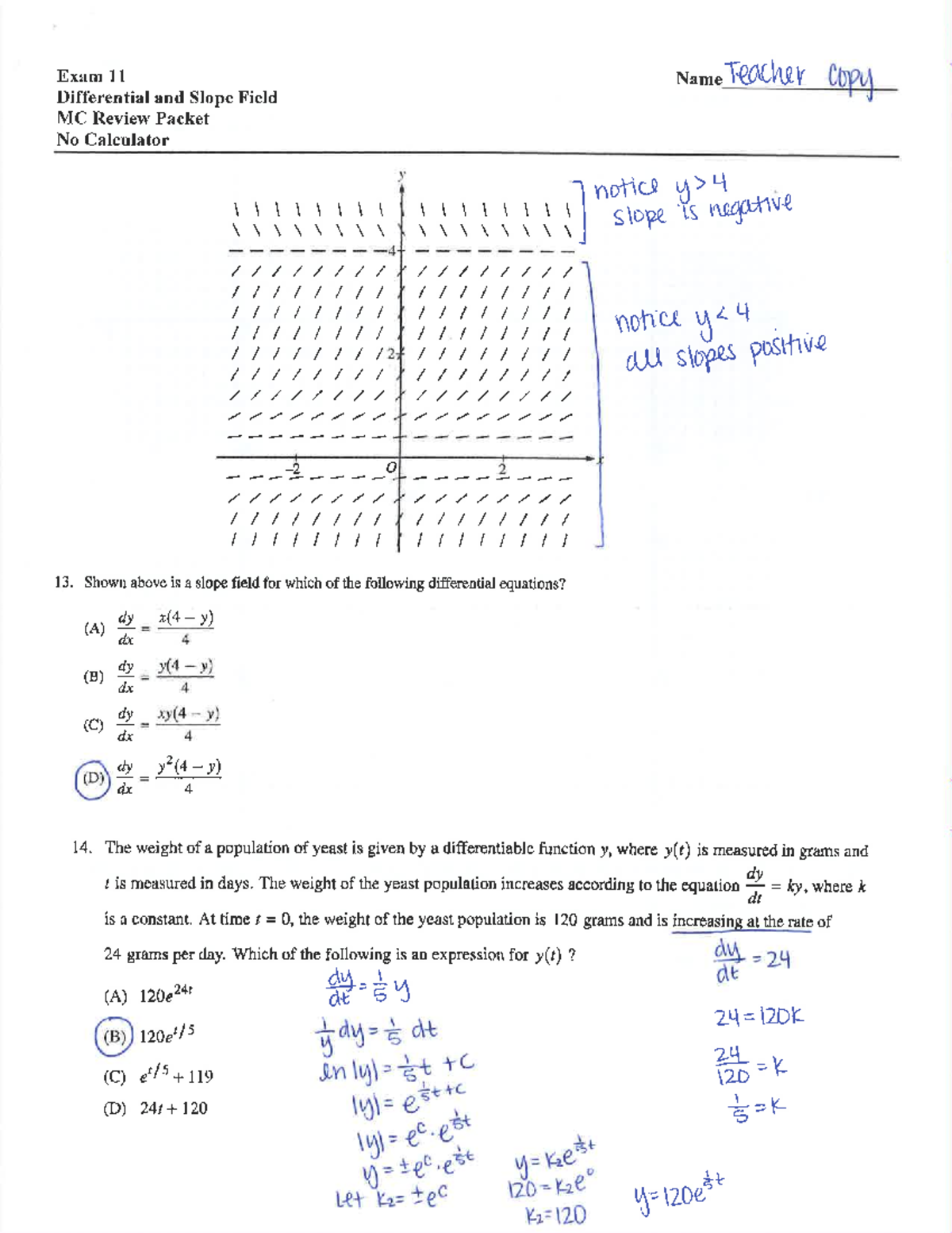 Slope field and differential equation - Exam 11 Differential and Slope ...