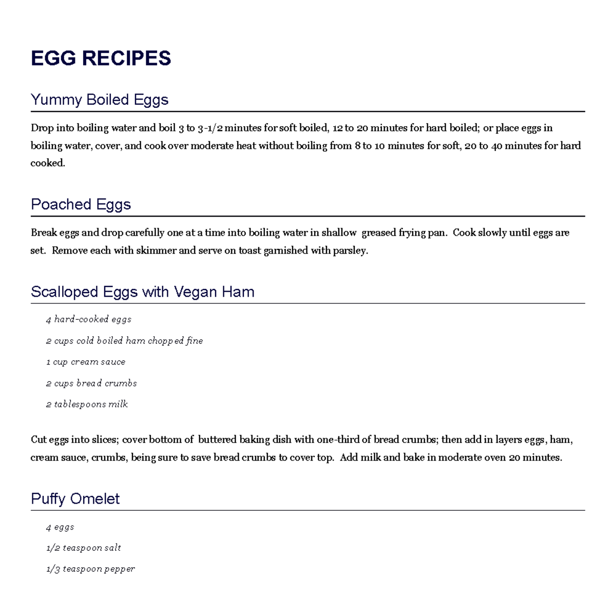 Cookbook Text - EGG RECIPES Yummy Boiled Eggs Drop into boiling water ...