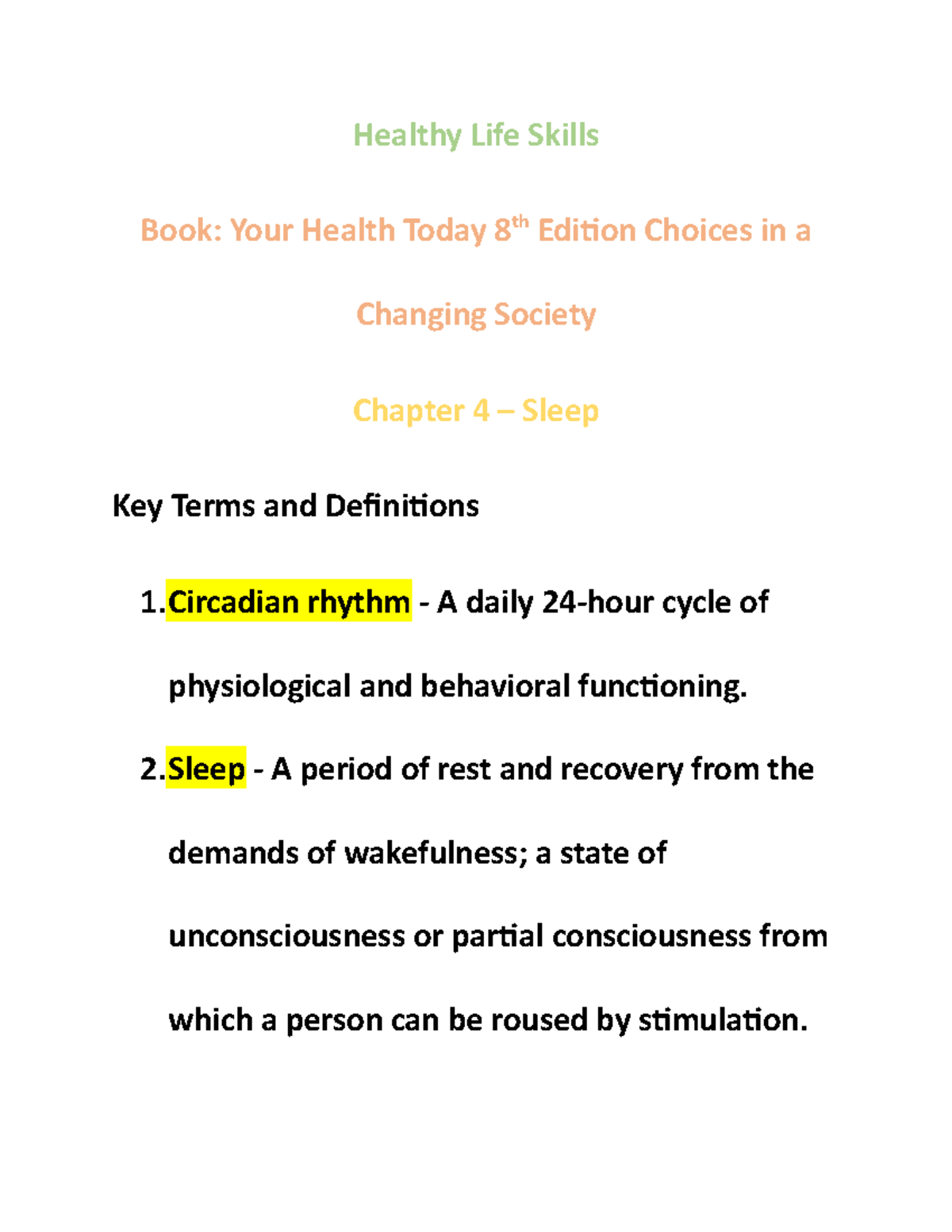 University Healthy Life Skills Chapter 4 Key Terms and Definitions ...