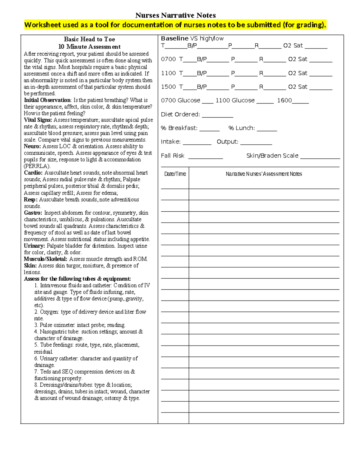 Head-to-Toe Assessment Paperwork - Nurses Narrative Notes Worksheet ...