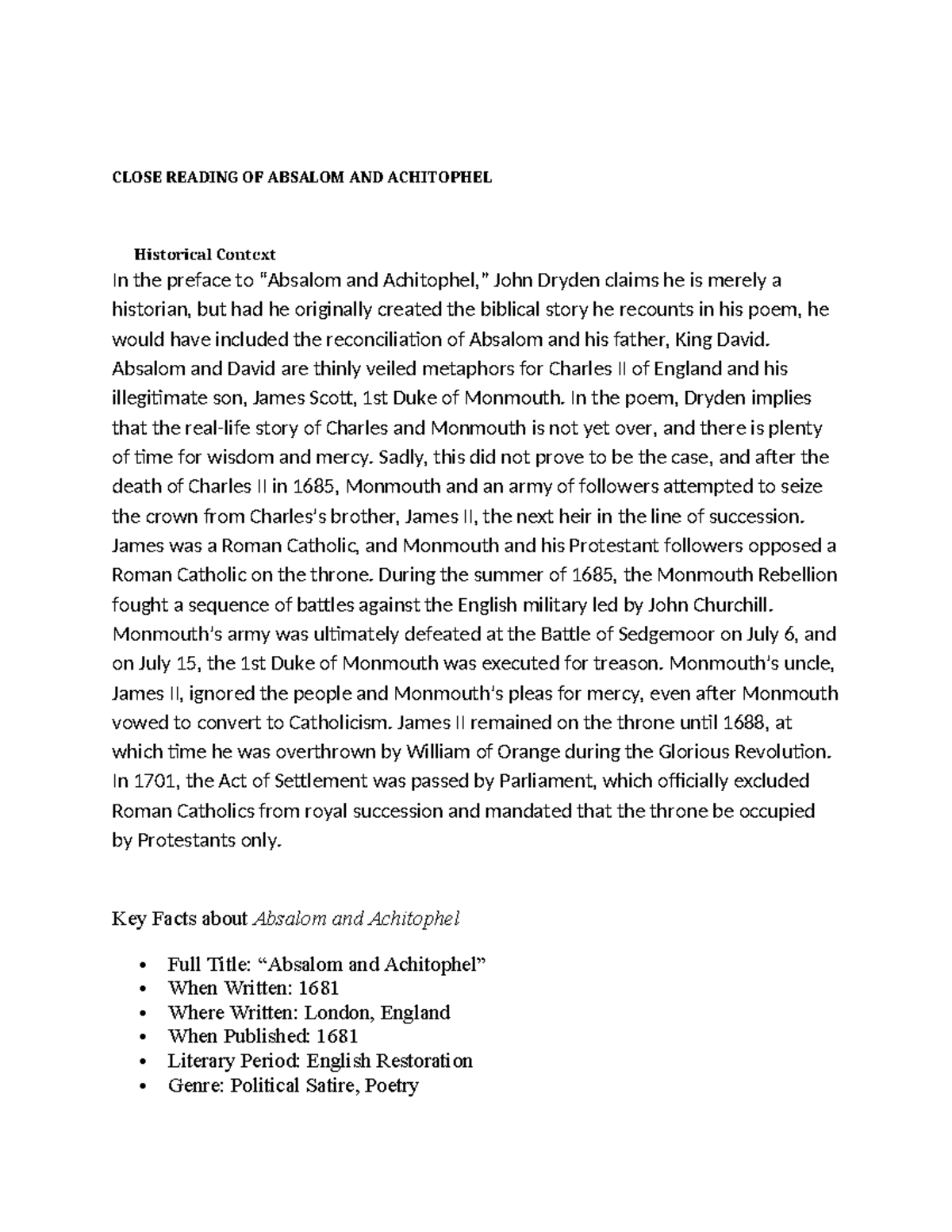 A close reading of Absalom and Achitophel - CLOSE READING OF ABSALOM ...