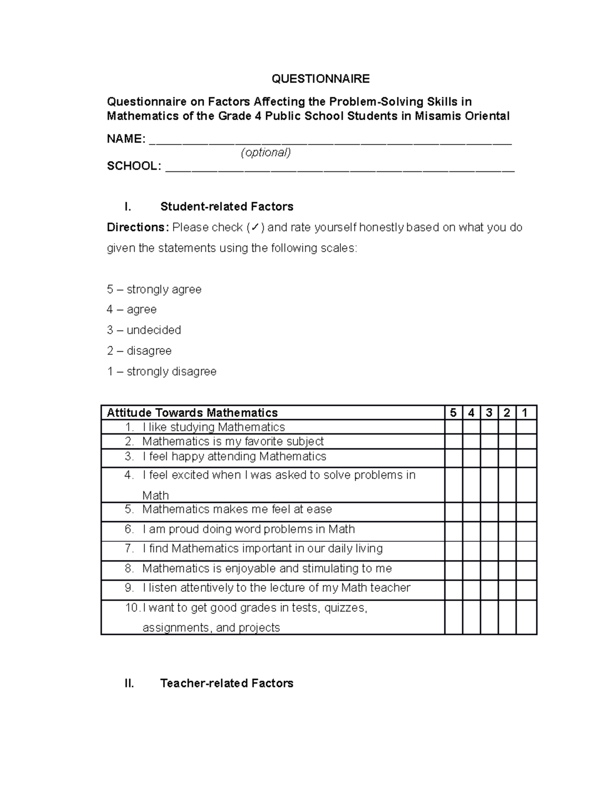 Questionnaire QUESTIONNAIRE Questionnaire On Factors Affecting The