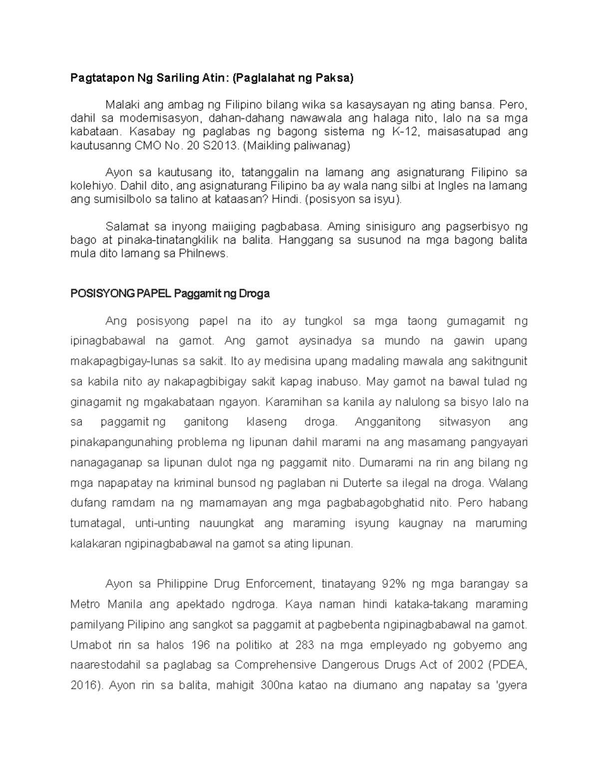 Posisyong-Papel-halimbawa - Pagtatapon Ng Sariling Atin: (Paglalahat ng ...