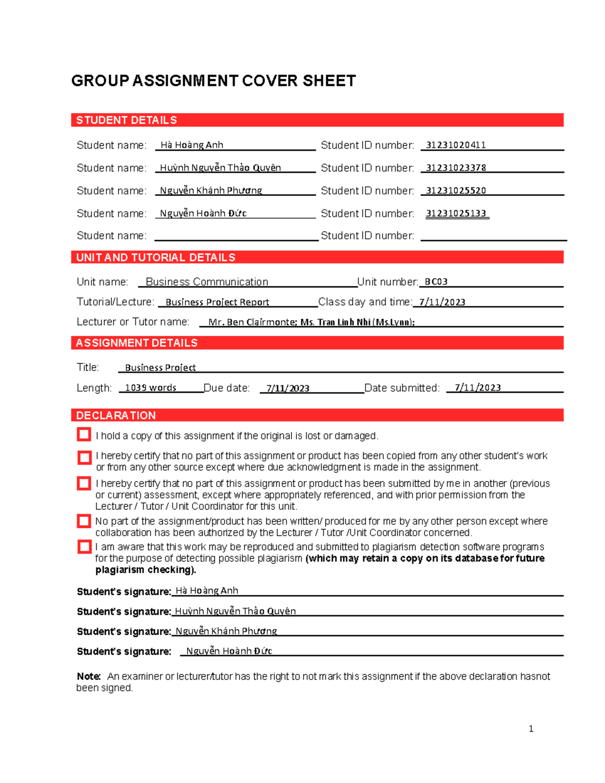 Business Communications Project final - GROUP ASSIGNMENT COVER SHEET ...