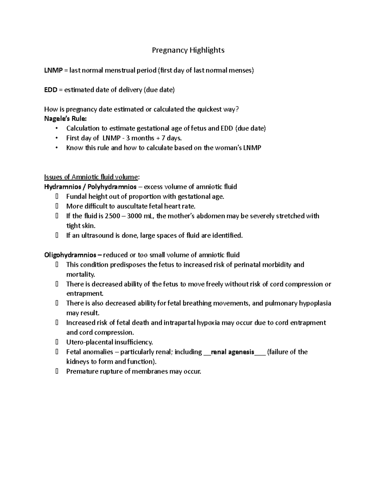 Pregnancy Highlights - Lecture notes 1-4 - Pregnancy Highlights LNMP ...