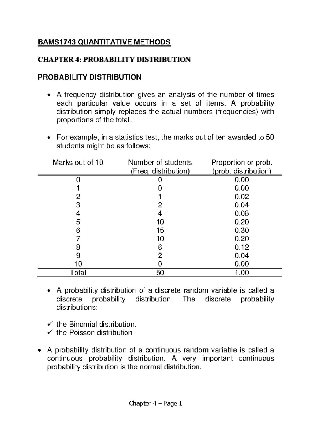 Chapter 4 - Probability and normal distribution - BAMS17 43 QUANTITATIVE METHODS CHAPTER 4 ...