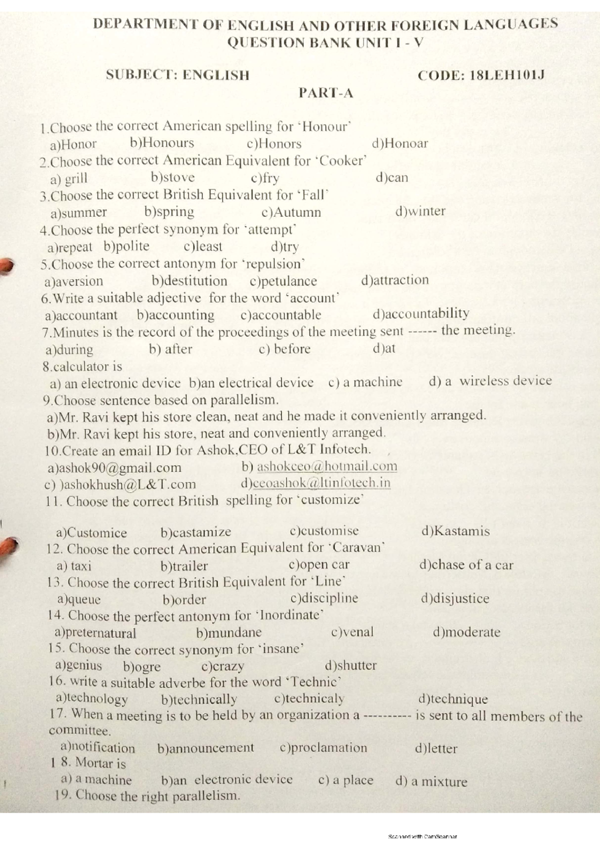 English Question Bank ( Unit 1 - V ) - DEPARTMENT OF ENGLISH AND OTHER ...