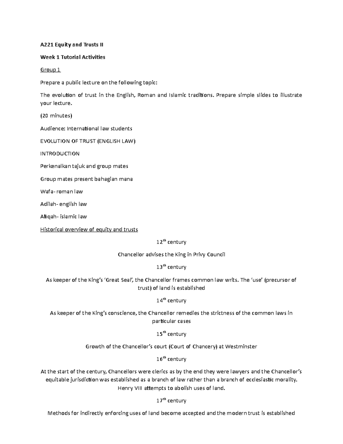 A 221 2022 Topic 1 Tutorial Tasks - A221 Equity and Trusts II Week 1 Tutorial Activities Group 1 ...