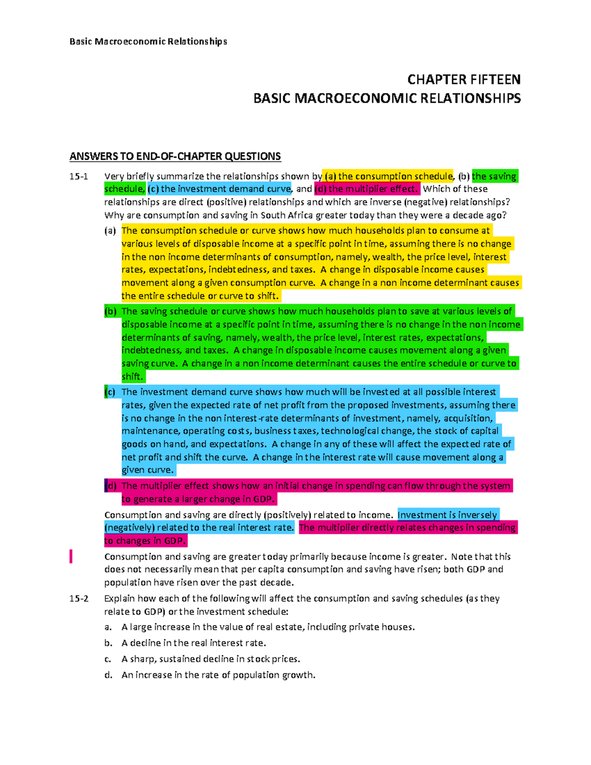 Chapter 15 Answers to End of Ch Q - CHAPTER FIFTEEN BASIC MACROECONOMIC ...