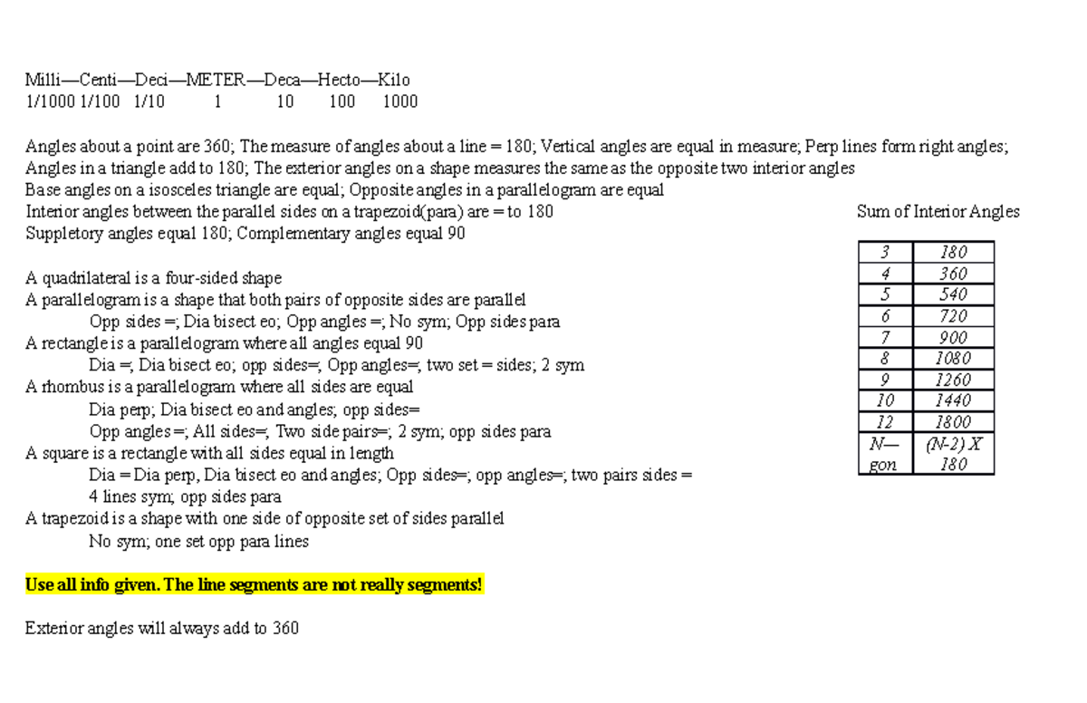MAth 283 Exam one notecard - Milli—Centi—Deci—METER—Deca—Hecto—Kilo 1/ ...