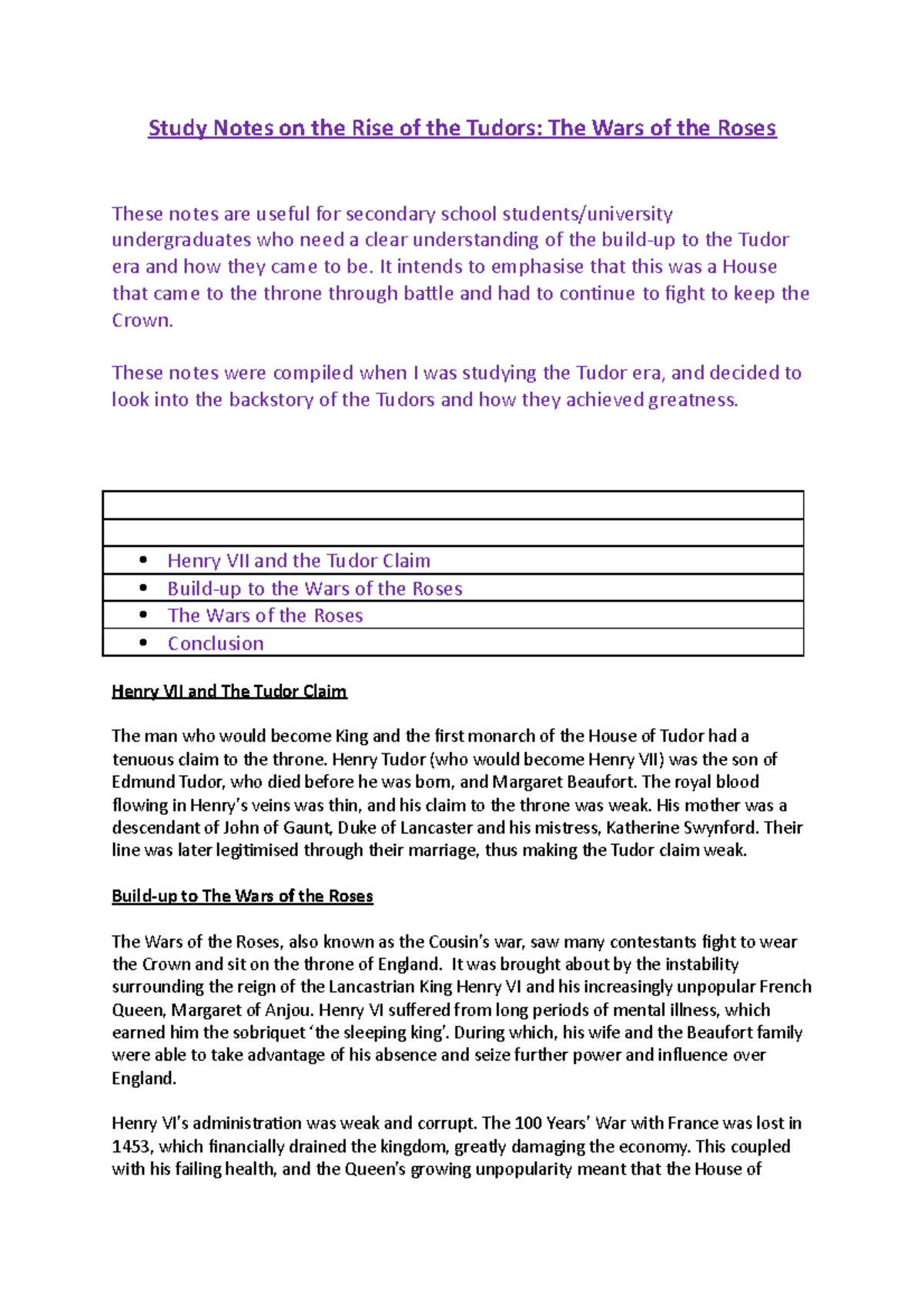 The rise of the tudors - Study Notes on the Rise of the Tudors: The ...