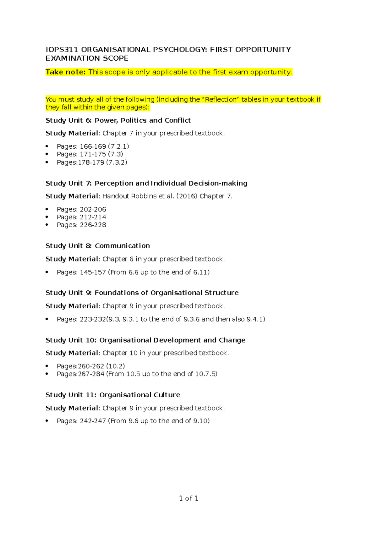 EXAM Scope IOPS311 - IOPS311 ORGANISATIONAL PSYCHOLOGY: FIRST ...