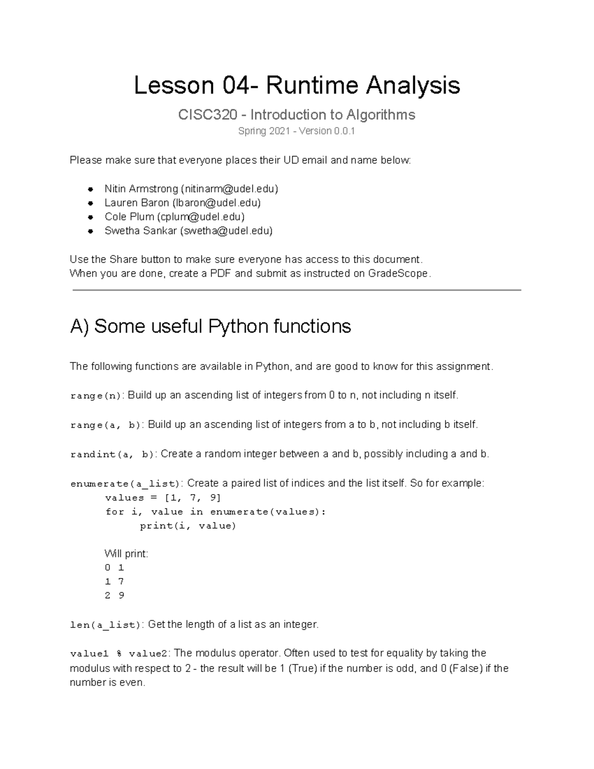 Cisc320 S21 Lesson 04 Runtime Analysis Lesson 04 Runtime Analysis