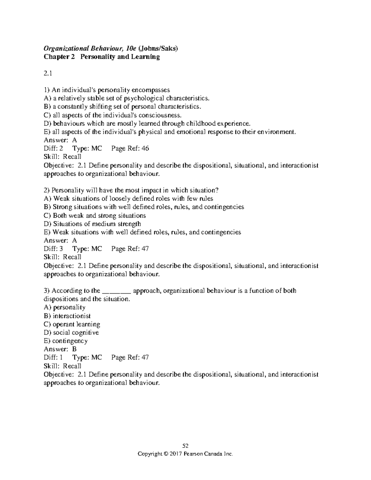 Chapter 2 Test Bank - 52 Organizational Behaviour, 10e (Johns/Saks ...