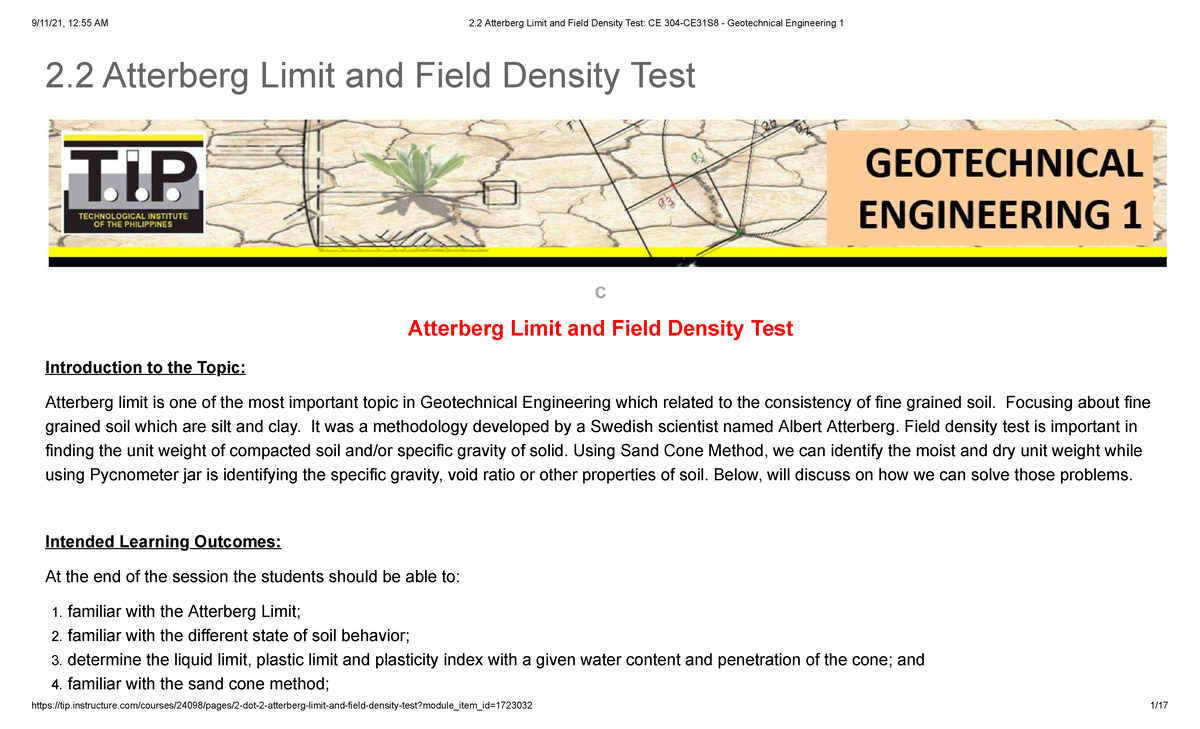 2.2 Atterberg Limit and Field Density Test CE 304-CE31S8 - Geotechnical ...