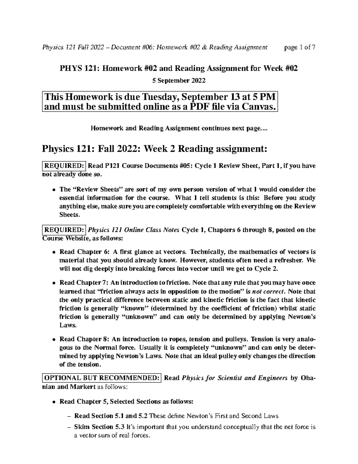 Homework 2 for Physics 121 - PHYS 121: Homework #02 and Reading ...