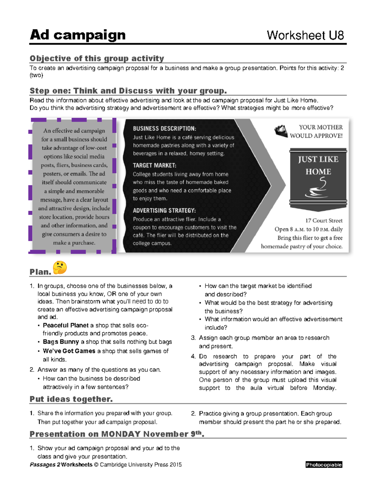 Group Activity Unit 8 Instructions - Ad campaign Worksheet U Objective ...