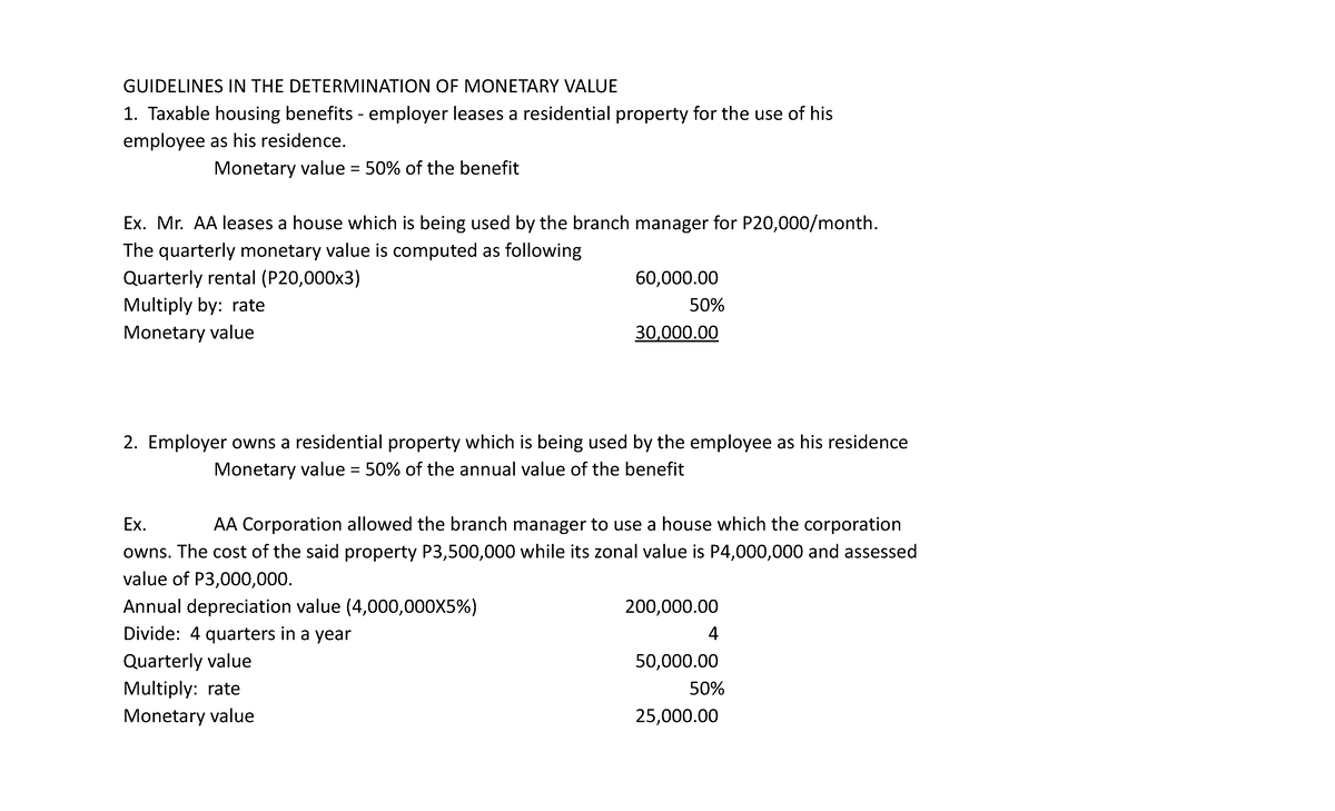 Taxation Guidelines on Determining Monetray Value - GUIDELINES IN THE ...