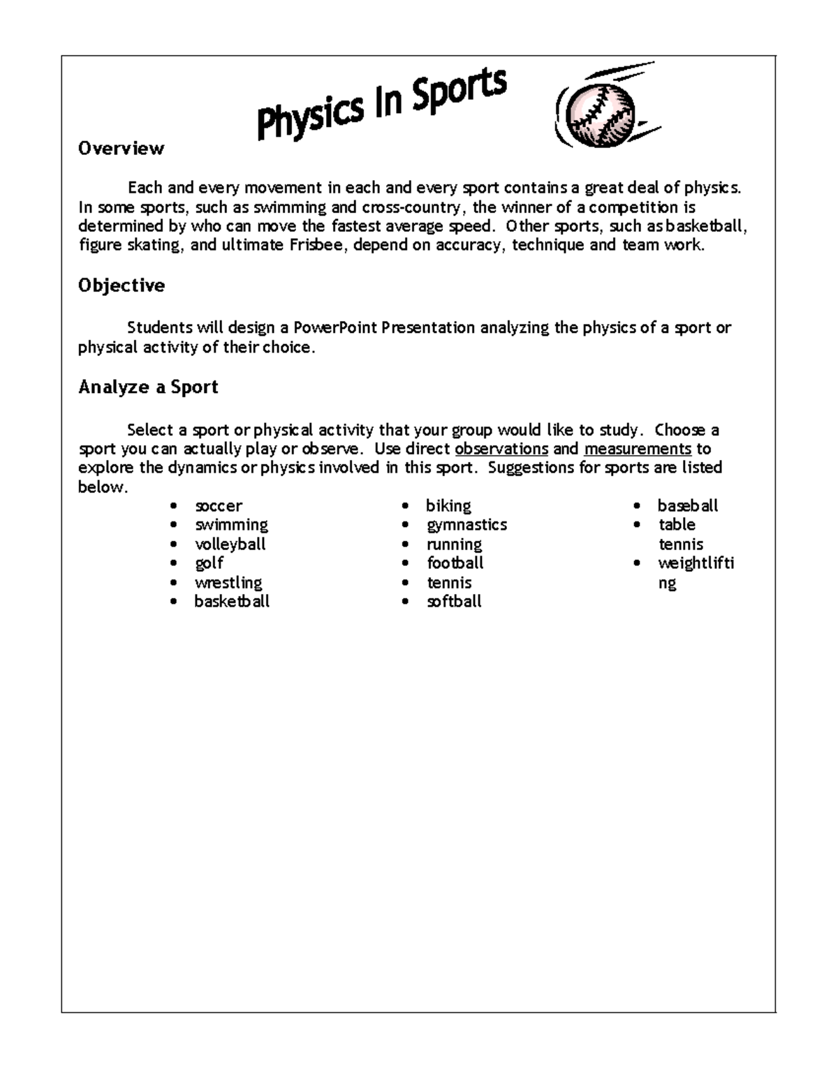Physics in sports directions and rubric - Overview Each and every ...