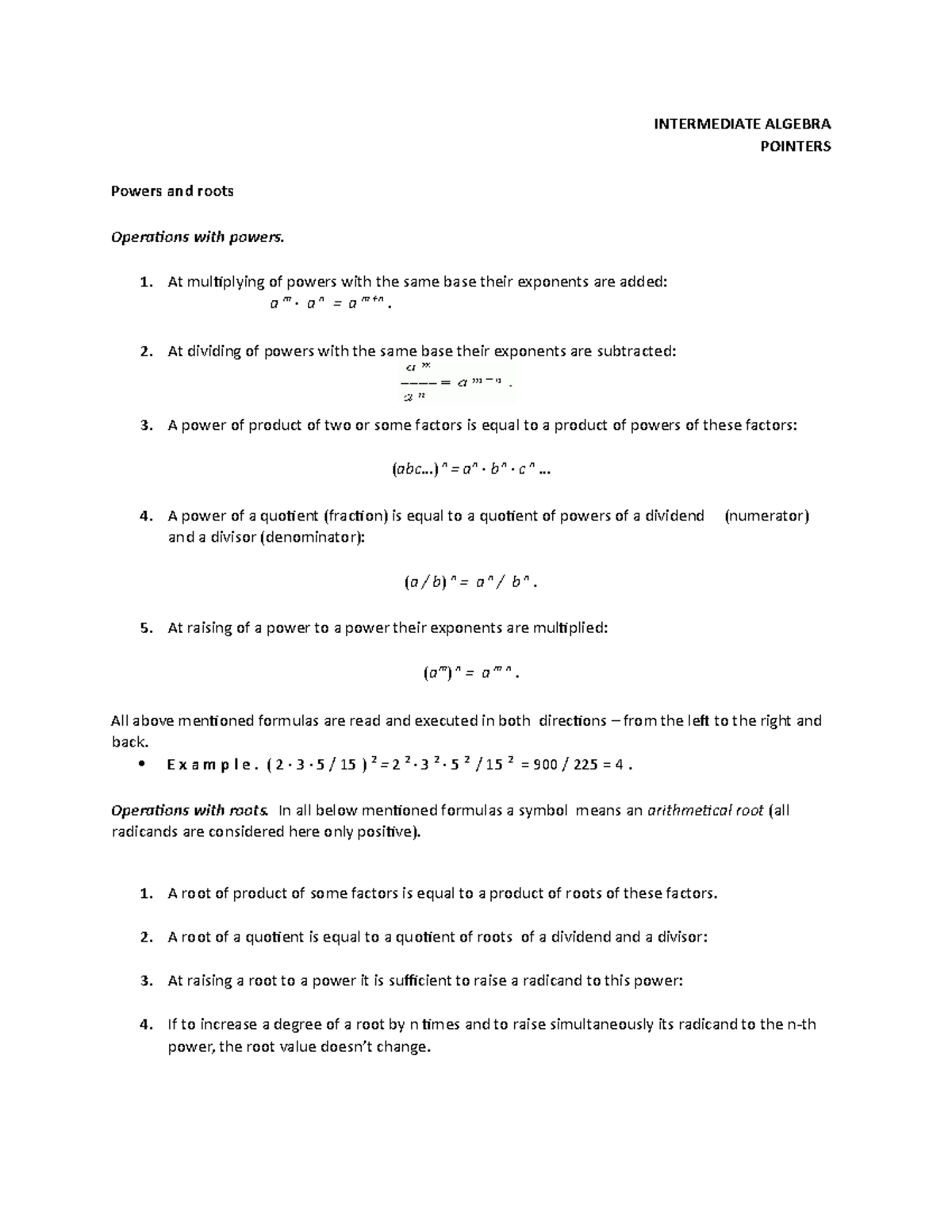 Intermediate Algebra - INTERMEDIATE ALGEBRA POINTERS Powers and roots ...