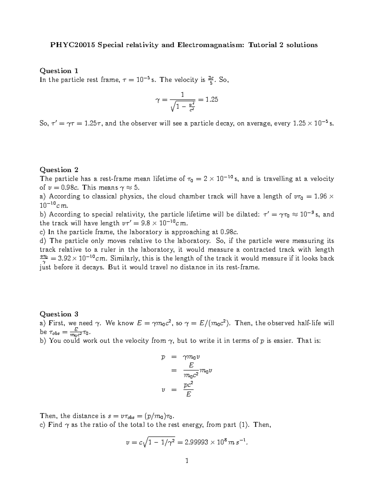 Solutions: Special Relativity Tutorial #2, Semester 2, 2021 - PHYC20015 ...