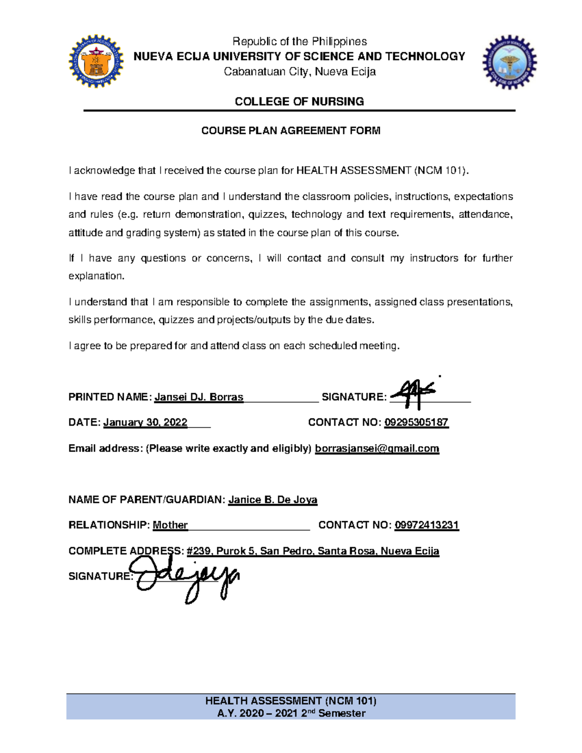 Course PLAN Agreement FORM HA - NUEVA ECIJA UNIVERSITY OF SCIENCE AND ...