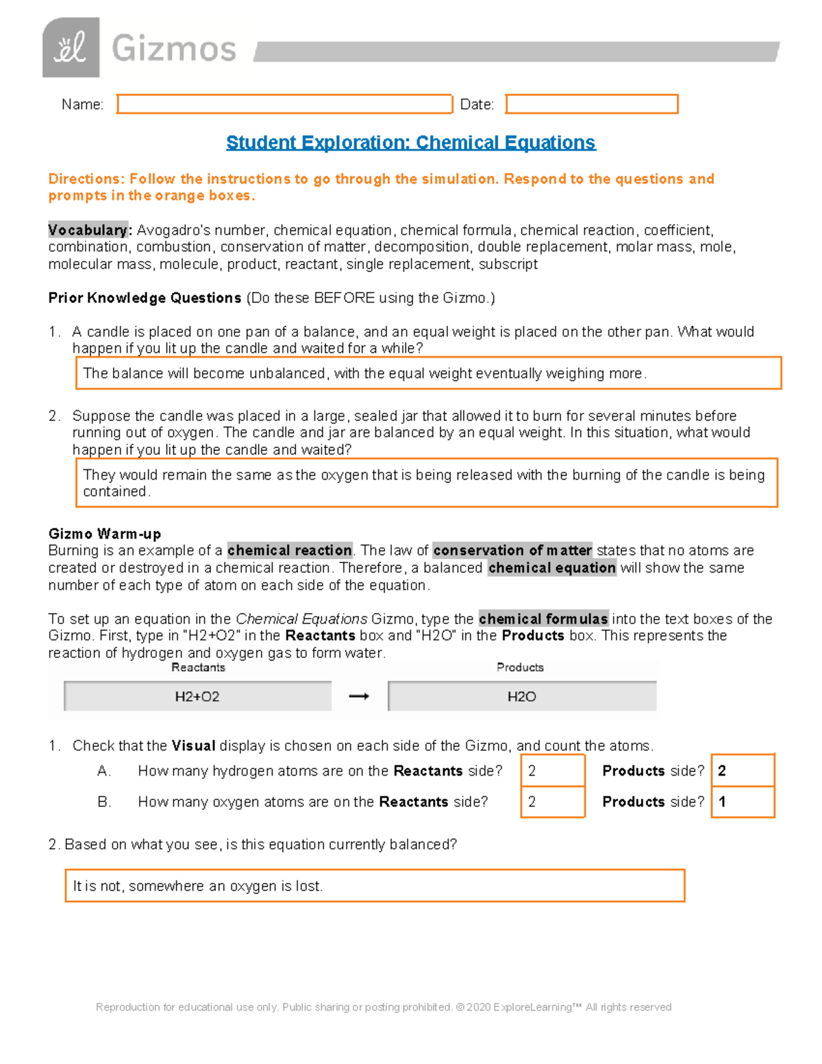 Chem Equations SE Gizmos Answers - Name: Date: Student Exploration ...