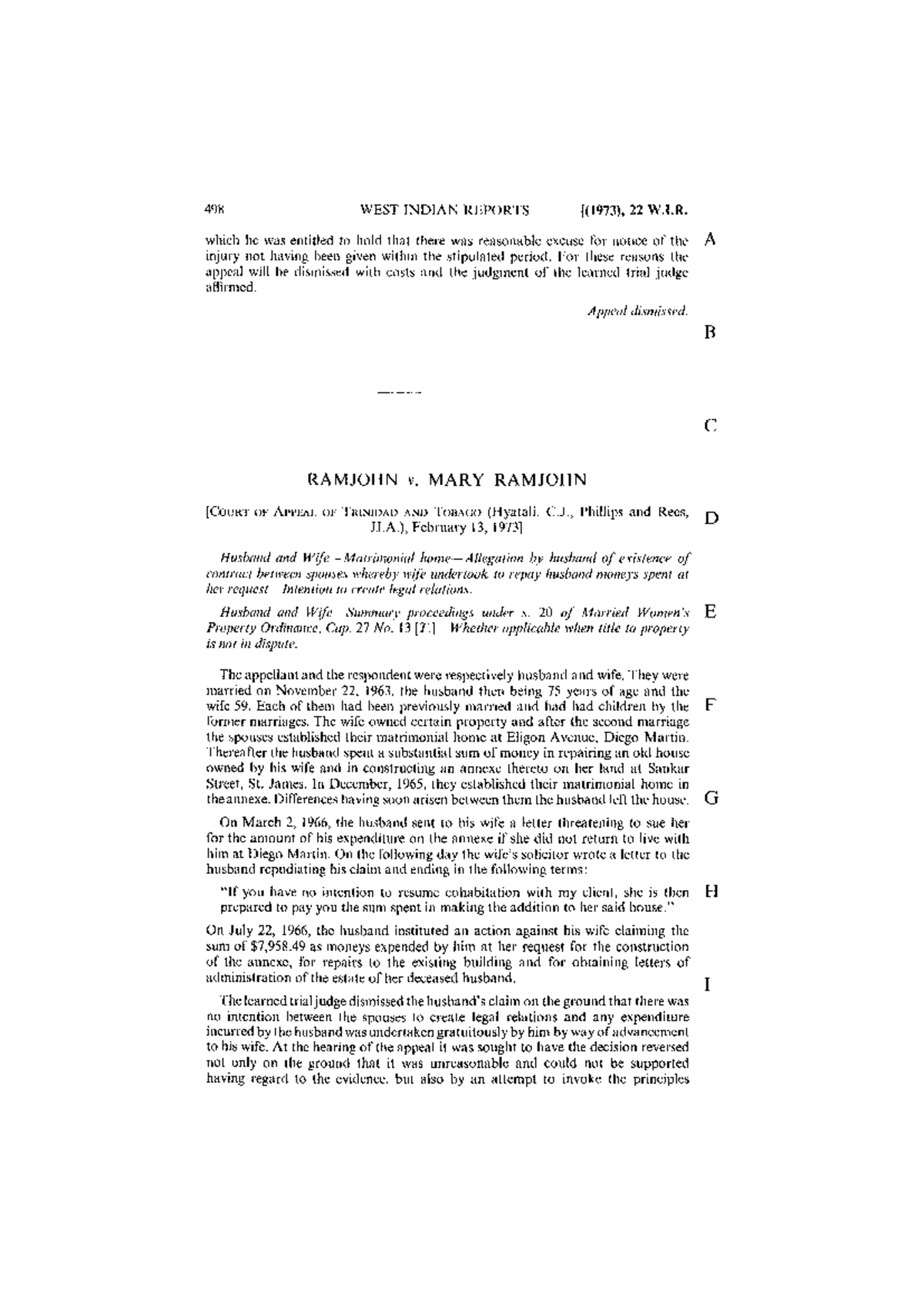 Ramjohn v Mary Ramjohn (1973) 22 WIR 498 - Malaysian Legal System - Studocu