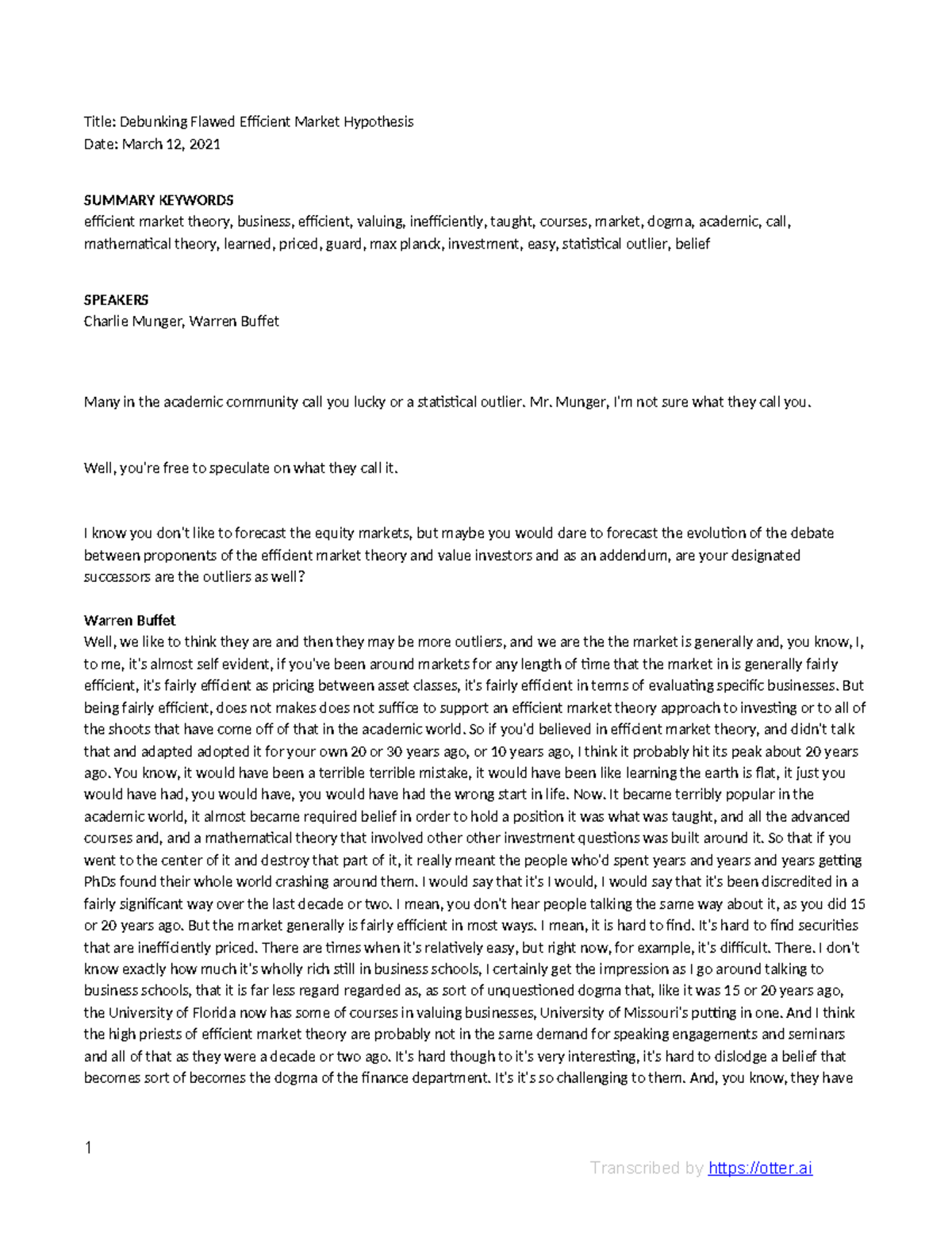 Debunking Flawed Efficient Market Hypothesis - Mr. Munger, I'm not sure ...