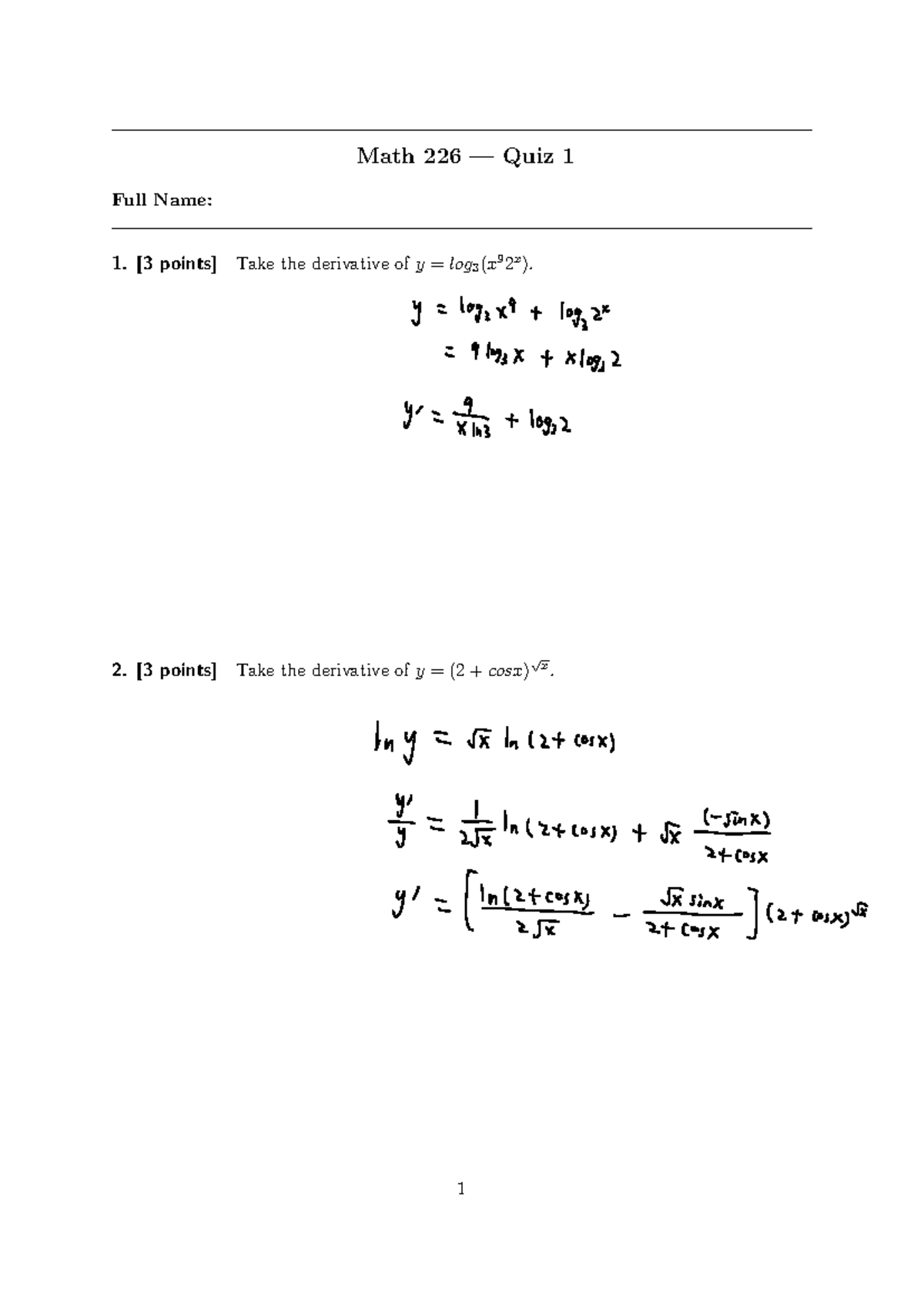 226 quiz 1 practice - review - MATH 225 - Math 226 — Quiz 1 Full Name ...