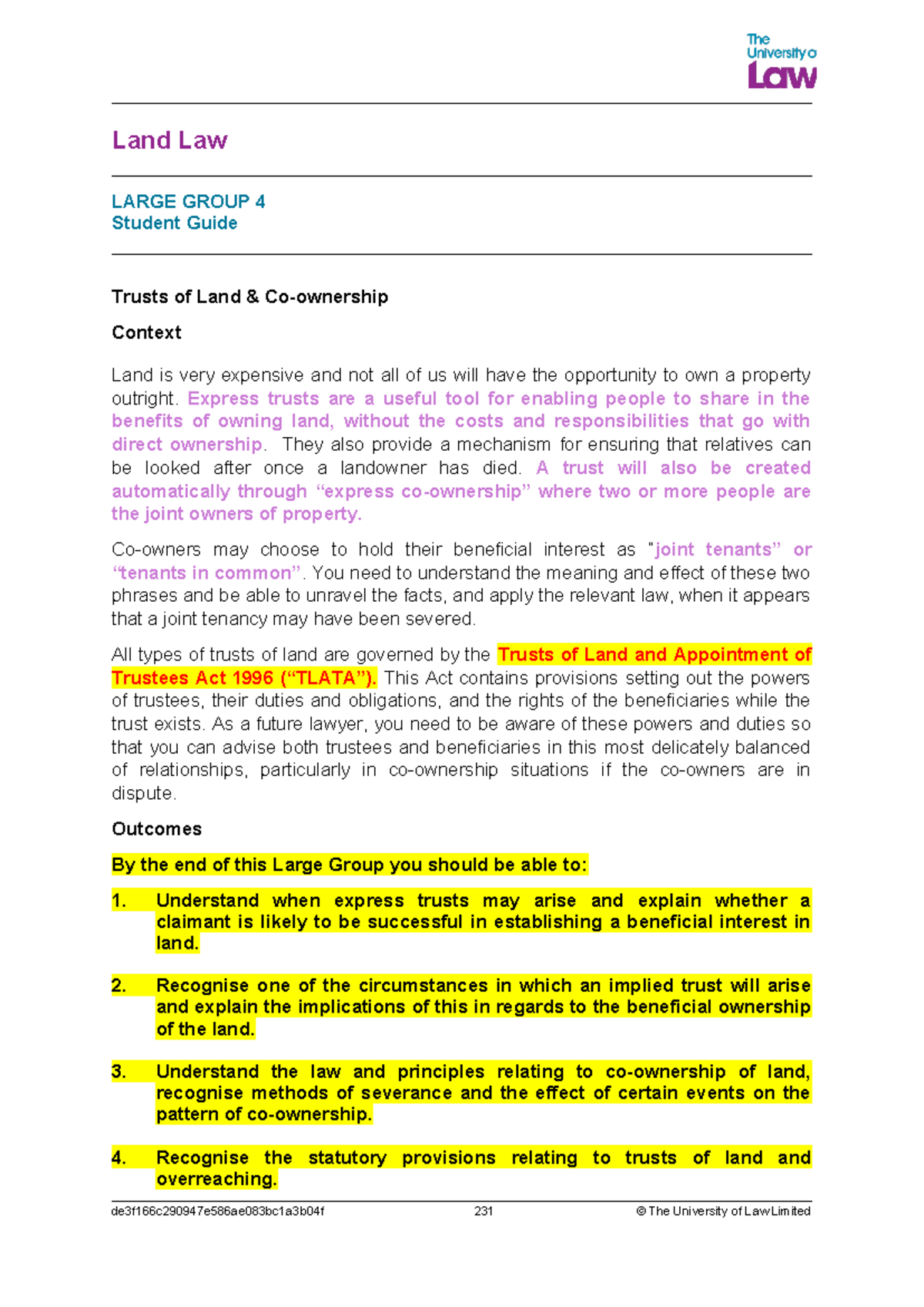 Land law unit 4 - Land Law LARGE GROUP 4 Student Guide Trusts of Land & Co-ownership Context ...