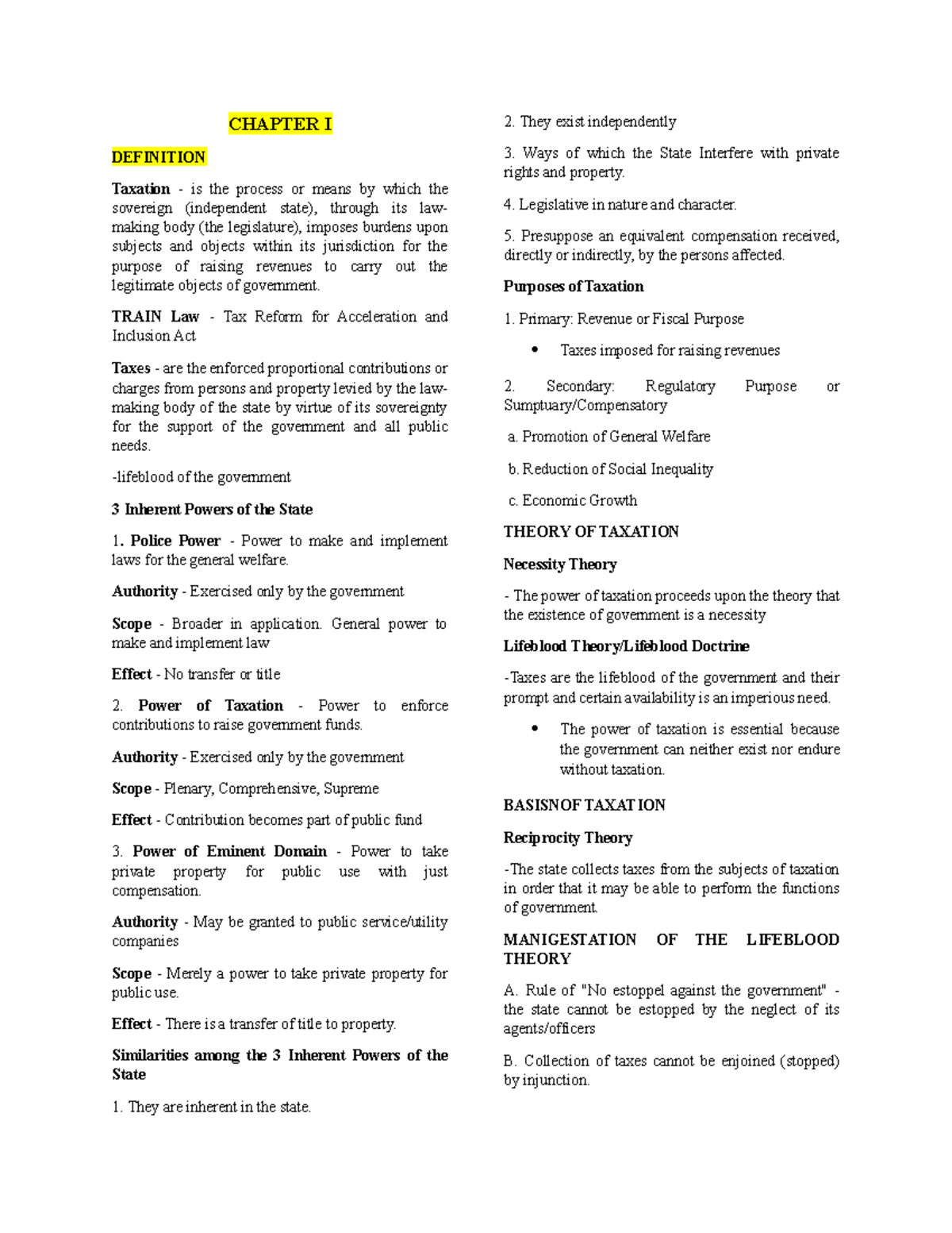 Taxation Reviewer - CHAPTER I DEFINITION Taxation - is the process or ...