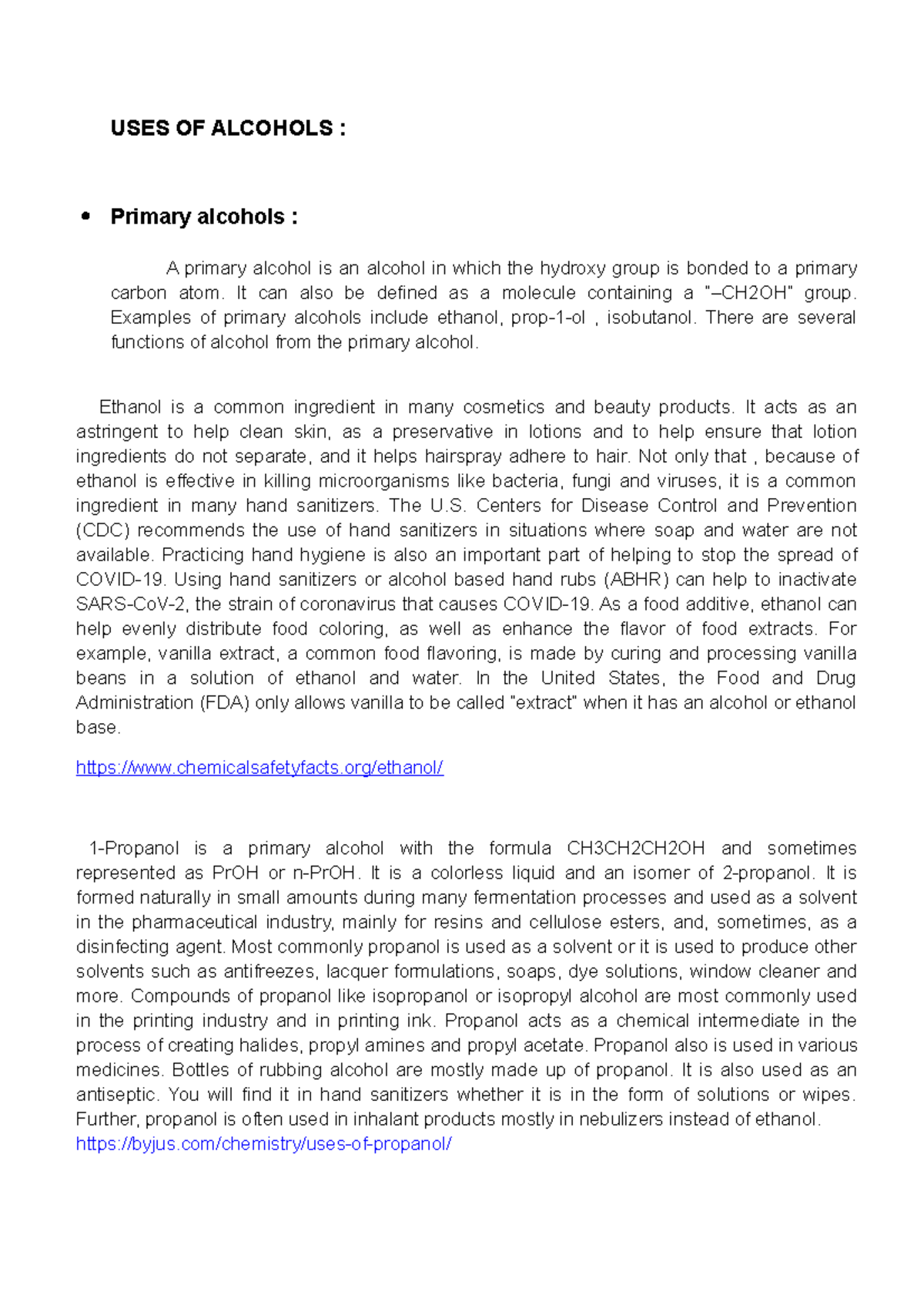USES OF Alcohols CHM256 - Applied Science AS120 - UiTM - Studocu