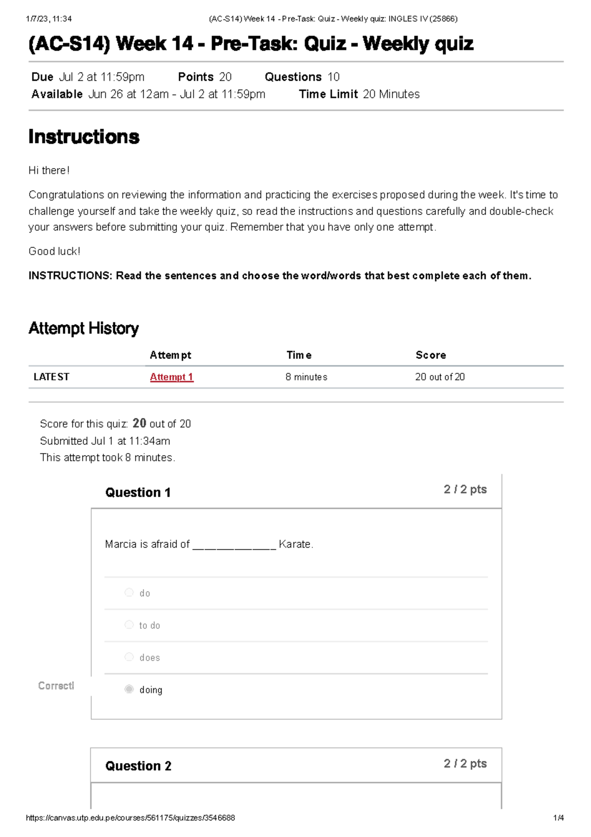 (AC-S14) Week 14 - Pre-Task Quiz - Weekly quiz Ingles IV 2023 - (AC-S14 ...