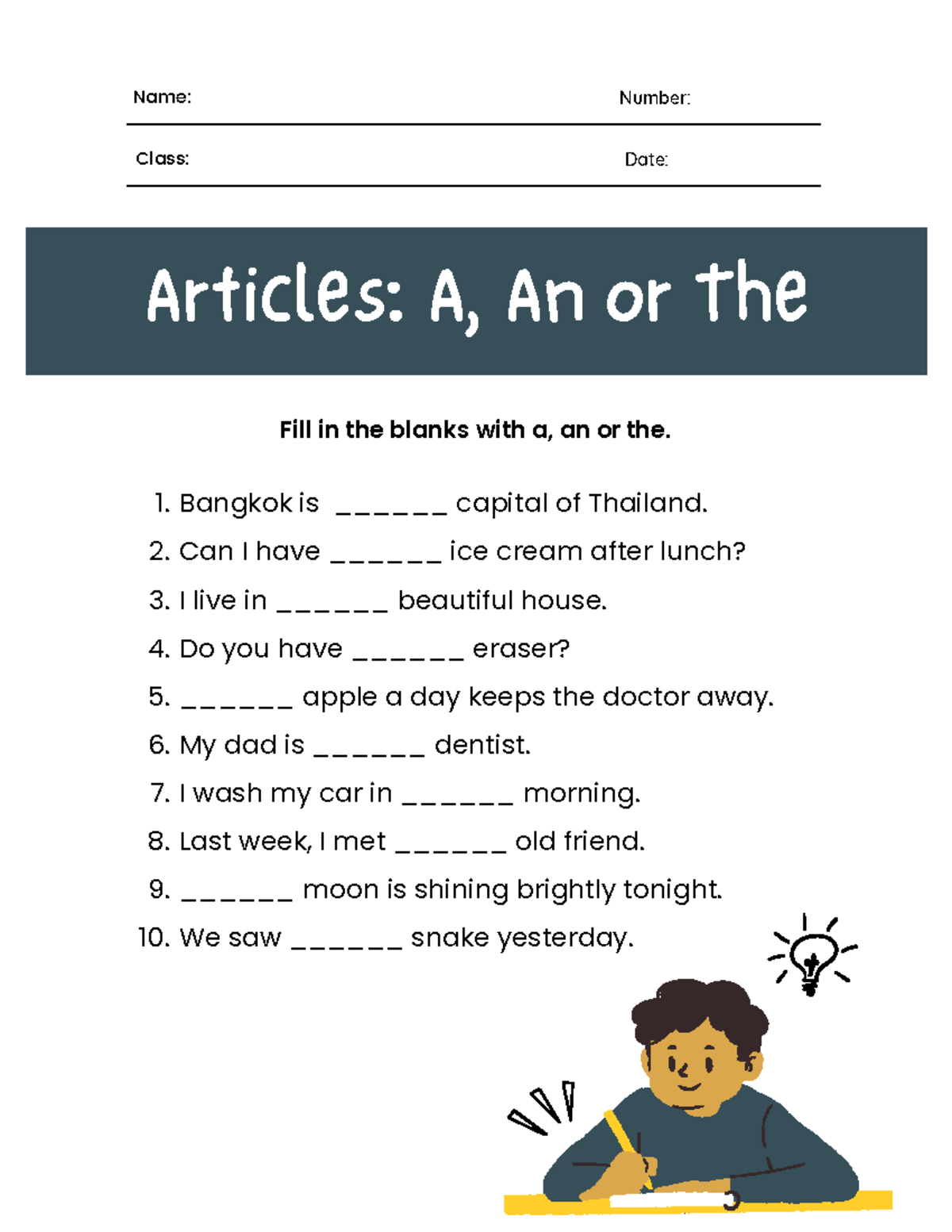 Articles A, An, The Worksheet - Ingles - Bangkok is ______ capital of ...