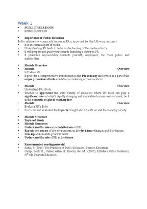 PR notes - Week 1 • • PUBLIC RELATIONS INTRODUCTION • Importance of ...