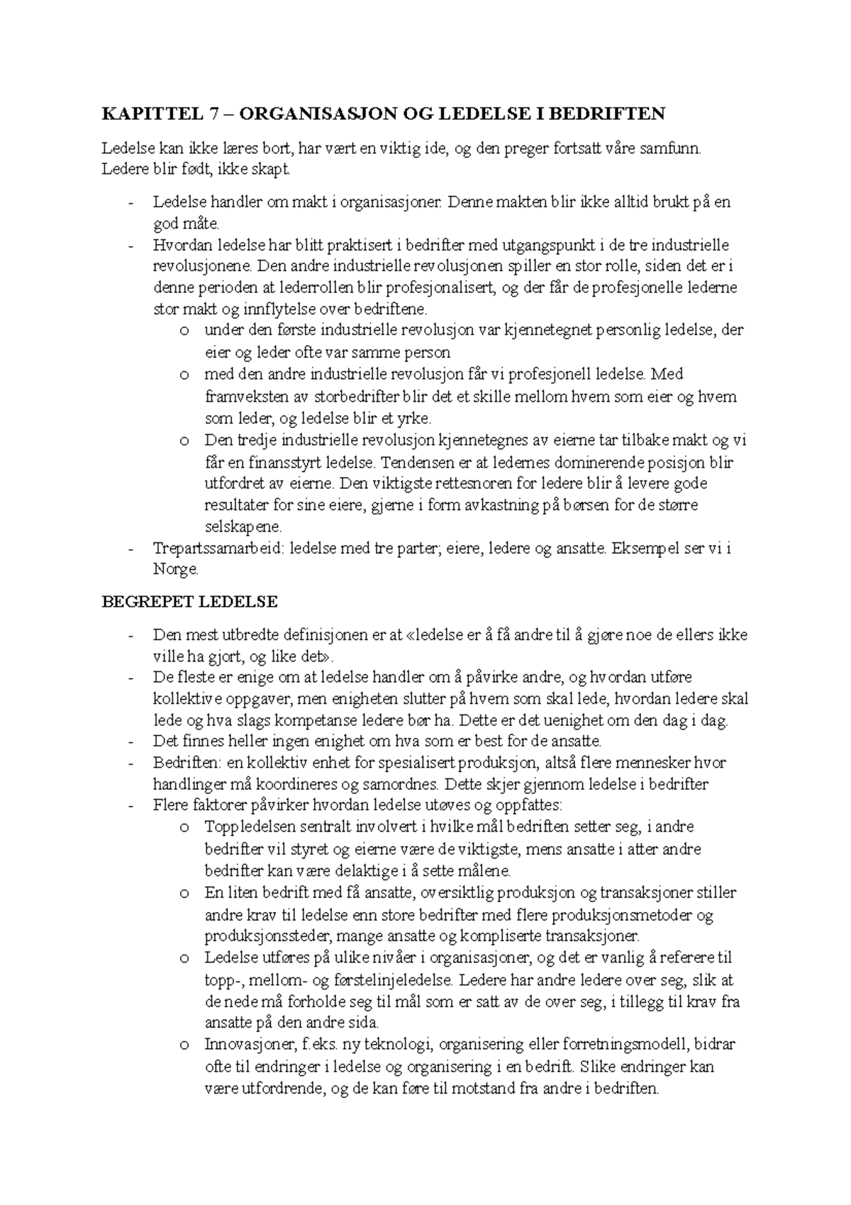 Organisasjon og ledelse - kapittel 7 - KAPITTEL 7 – ORGANISASJON OG LEDELSE I BEDRIFTEN Ledelse ...