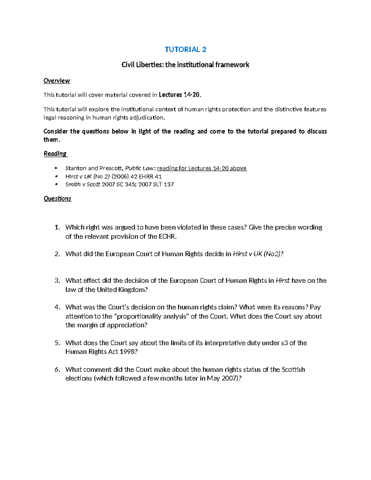 Tutorial 2 - TUTORIAL 2 Civil Liberties: the institutional framework ...